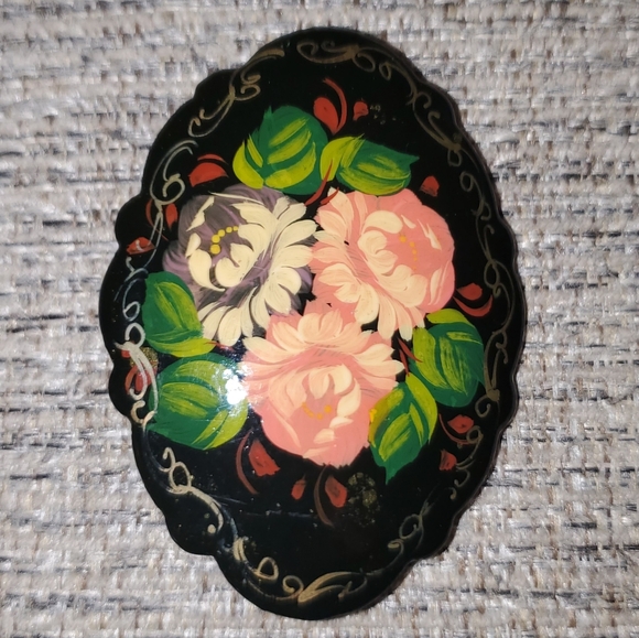 Vintage | Jewelry | Vintage Russian Lacquer Floral Hand Painted Oval ...